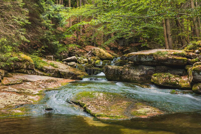 Moss-Covered Rocks and Gentle Stream in a Serene Forest Stock Photo ...
