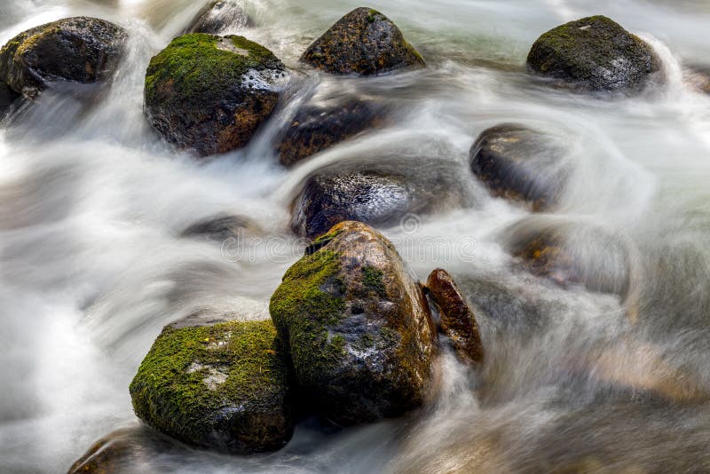 Moss Covered Rocks in the Path of Water from a Creek Stock Image ...