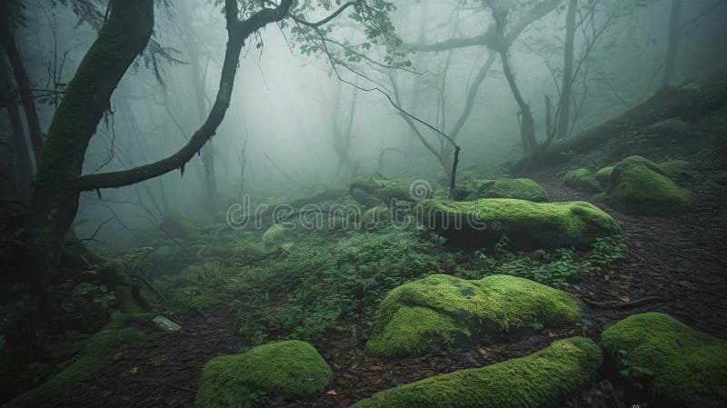 Moss Covered Rocks and Trees in a Foggy Forest Area Stock Illustration ...