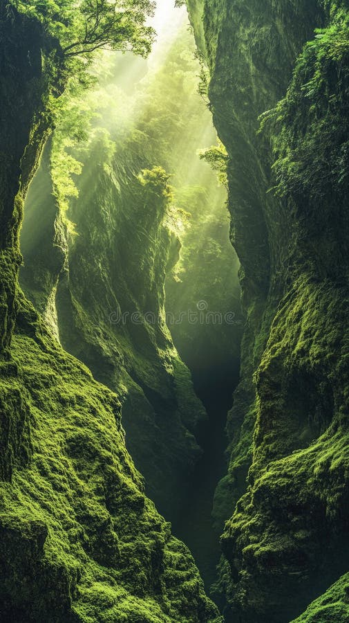 Moss-covered Rocky Cliffs Bathed in Soft Sunlight Create an Ethereal ...