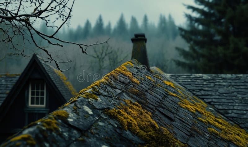 Moss-covered Roof in Misty Forest Setting with Evergreen Trees Stock ...