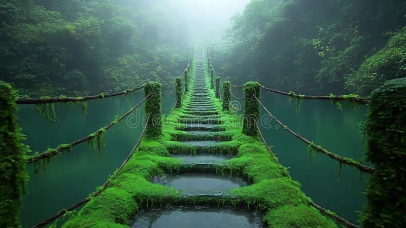 Moss-covered Rope Bridge Hangs Over Lake, Surrounded by Green Mountains ...
