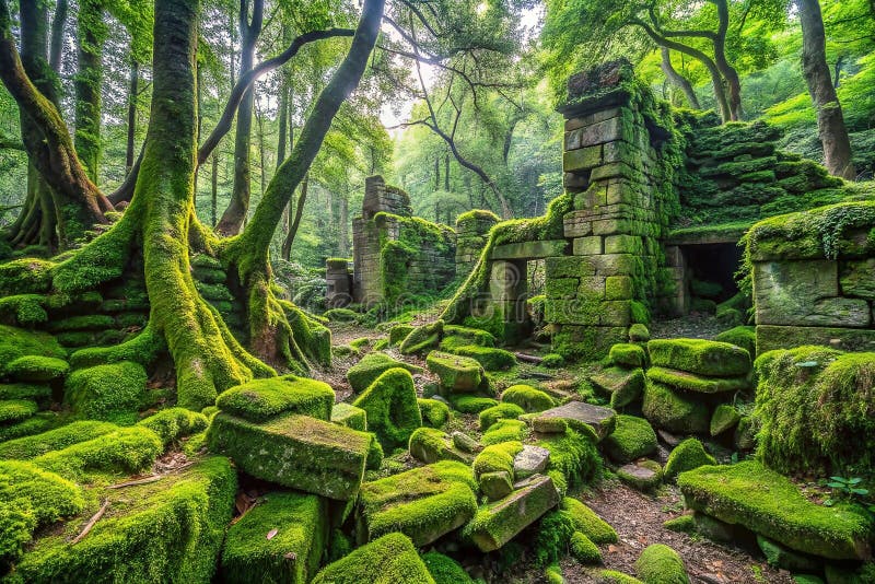 Moss-covered Ruins in Lush Forest Stock Illustration - Illustration of ...