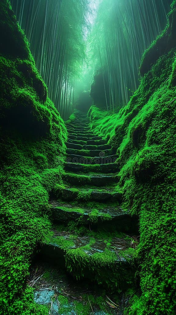 A Moss Covered Staircase Ascends into the Enchanted Misty Forest Stock ...