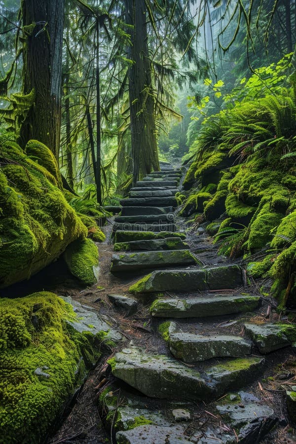 Moss-covered Steps in Lush Forest Stock Illustration - Illustration of ...