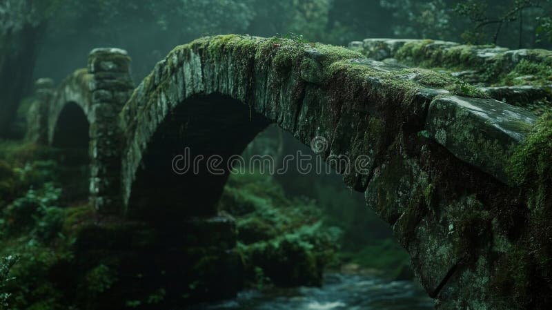 Moss Covered Stone Arch Bridge Overflowing Stream Stock Illustration ...