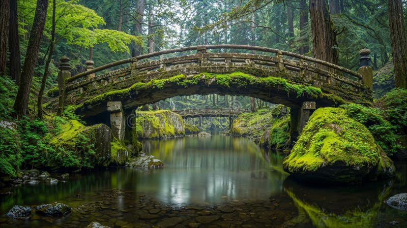 Moss Covered Stone Bridge Over Calm Water Lush Forest Stock Photos ...