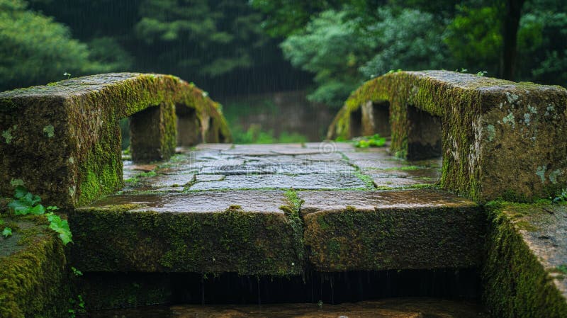 Moss-Covered Stone Bridge in a Rainy Forest Stock Illustration ...