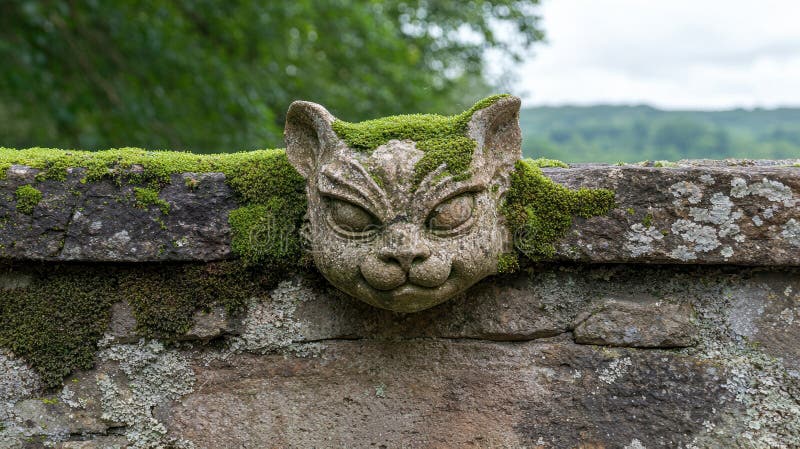 Moss-covered Stone Cat Face on a Wall Stock Illustration - Illustration ...