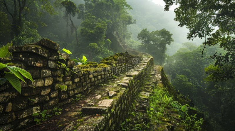 Overgrown Stone Path in Lush Jungle Ruins during Foggy Morning Stock ...