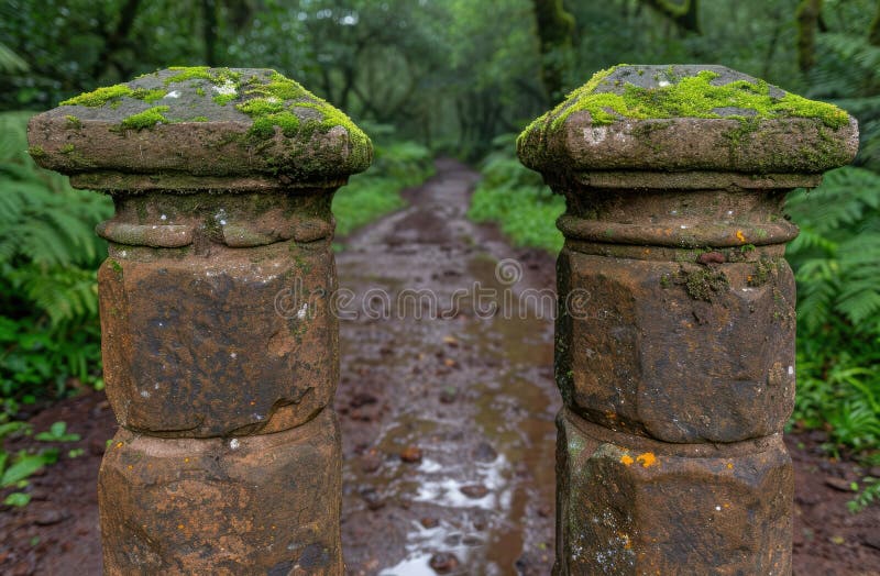 Moss-covered Stone Pillars in Lush Green Forest Stock Illustration ...