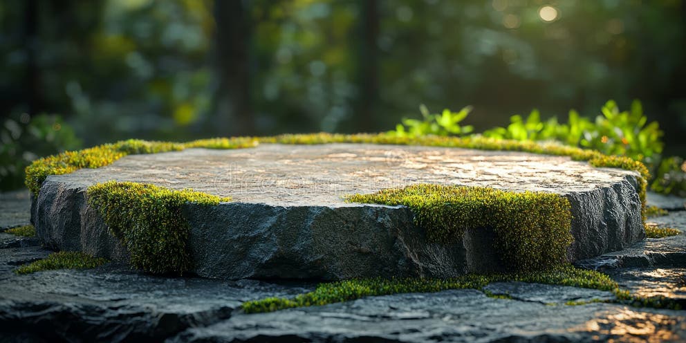 Moss Covered Stone Platform in Forest Light Stock Photo - Image of ...