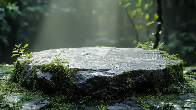Moss Covered Stone Platform in Forest Light Stock Image - Image of ...