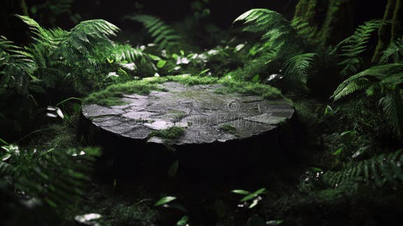 Moss-covered Stone Platform in Lush Forest Environment with Ferns and ...