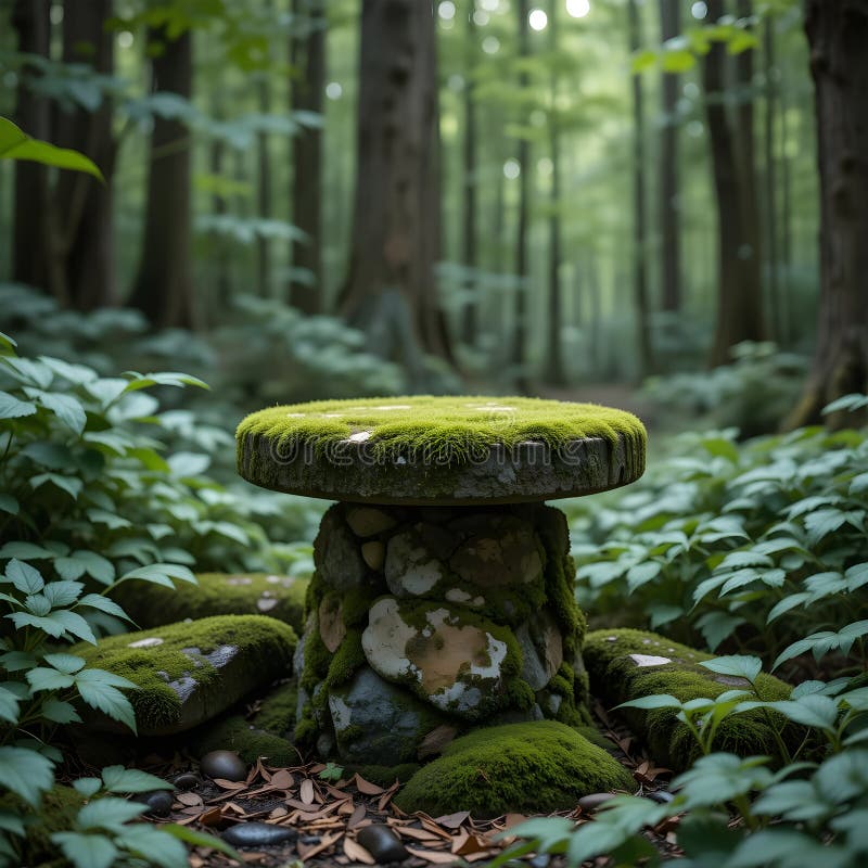 Moss-Covered Stone Seat in Lush Forest. Stock Illustration - Illustration of closeup, green ...