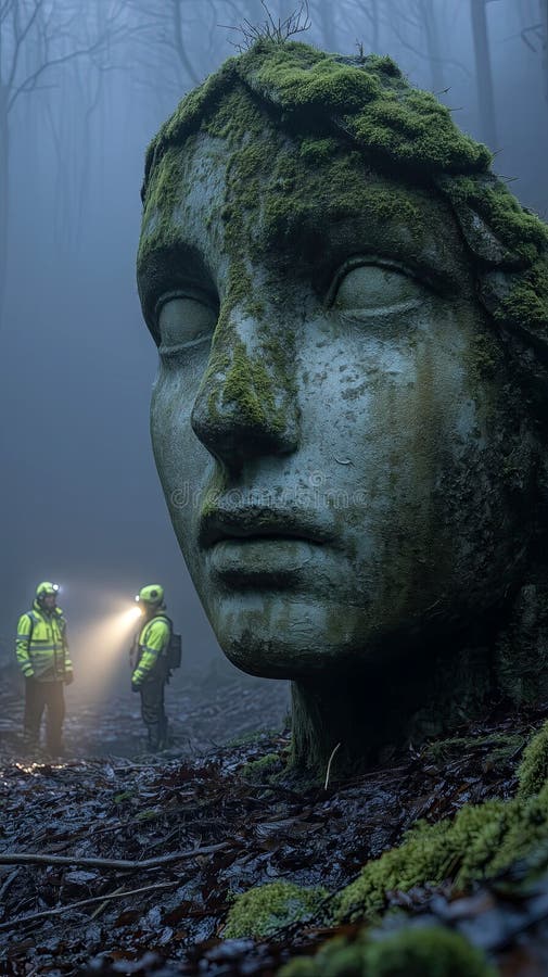 Moss Covered Stone Statue Head, Eerie Forest, Two Explorers with ...