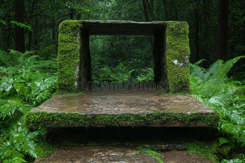 Moss Covered Stone Structure in a Lush Green Forest. Stock Illustration ...