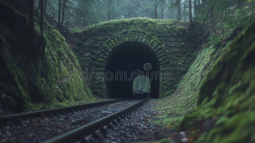 Moss-Covered Stone Tunnel with Train Tracks in a Forest Stock ...