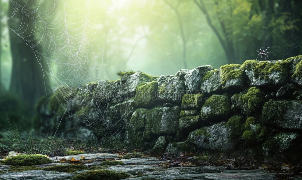 Moss-covered Stone Wall with Spider Web and Spider in Misty Forest ...