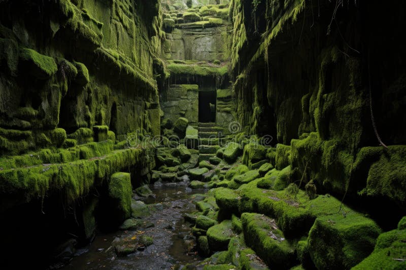 Moss-covered Stone Walls of a Damp Cave Labyrinth Stock Photo - Image ...