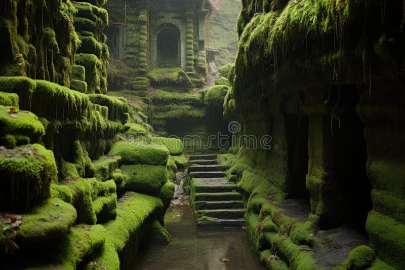 Moss-covered Stone Walls of a Damp Cave Labyrinth Stock Image - Image ...