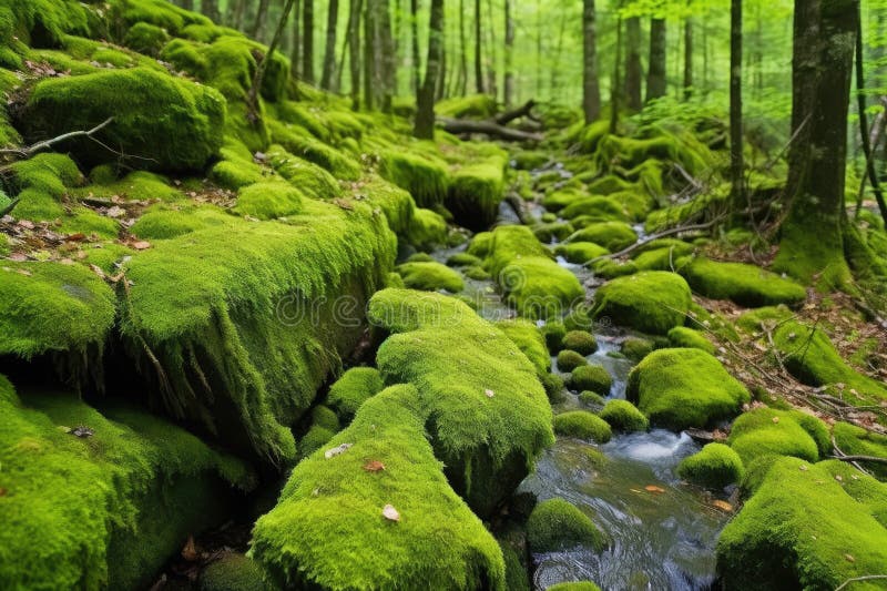 Moss-covered Stones in a Forest Brook Stock Illustration - Illustration ...