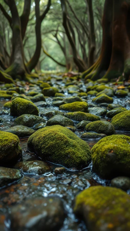 Moss-covered Stones in a Tranquil Forest Stream Surrounded by Tall ...
