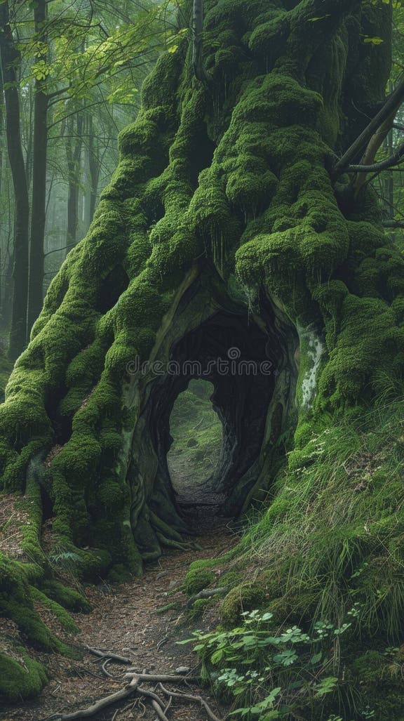 Moss-covered Tree Hollow in a Mysterious Forest Stock Image - Image of ...
