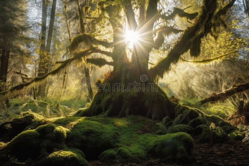 Moss-covered Tree Trunk in Forest Clearing, with the Sun Shining ...