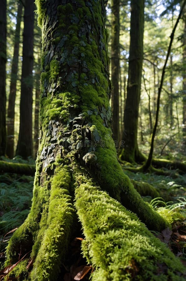 Lush Green Moss Covered Tree Trunk in Sunlit Forest Stock Illustration ...