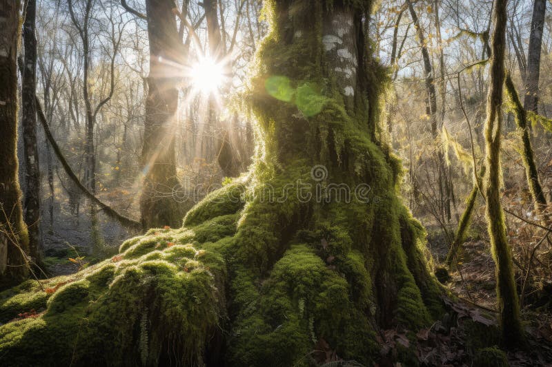 Moss-covered Tree Trunk Surrounded by Sunny Forest Stock Illustration ...