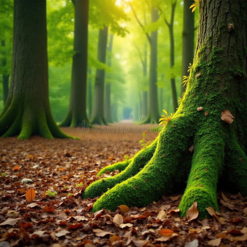 Moss-covered Tree Trunks Blend with Earthy Tones Leaves Textures ...