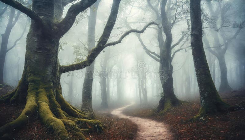 Moss-covered Trees in a Misty Forest Pathway Stock Photo - Image of ...