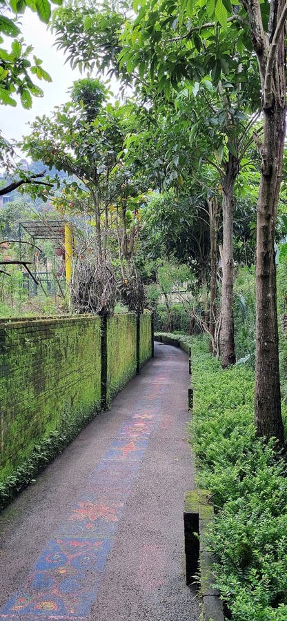 The Moss-covered Wall Separates the Playground from the Pedestrian Path ...