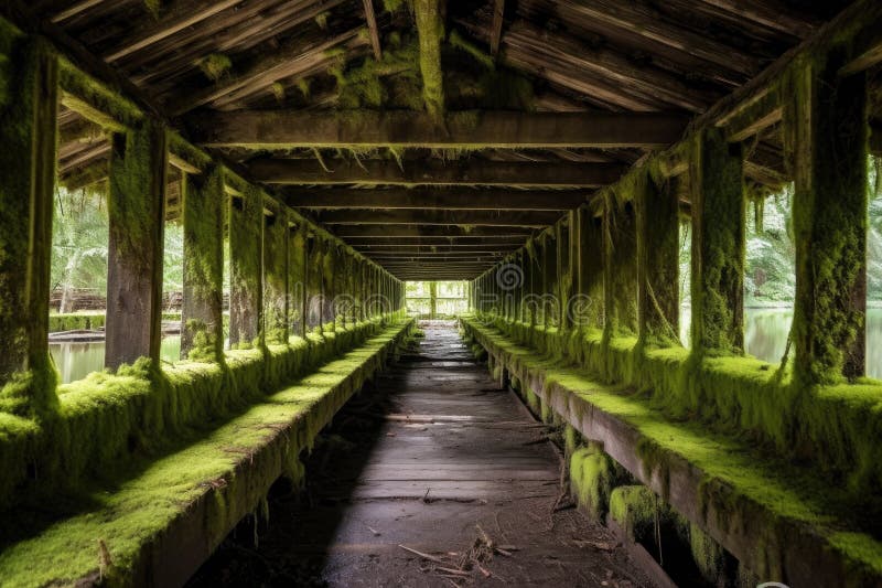 Moss-covered Wooden Beams Inside a Covered Bridge Stock Illustration ...