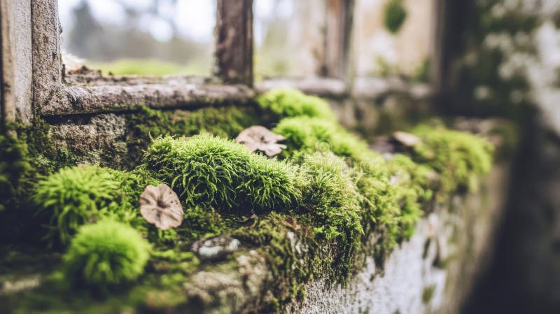 Moss Covers the Stone Foundation of a Historic Brick Building Stock ...