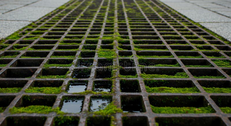 Moss Growing in Metal Grate on Urban Sidewalk Adding Nature Element ...