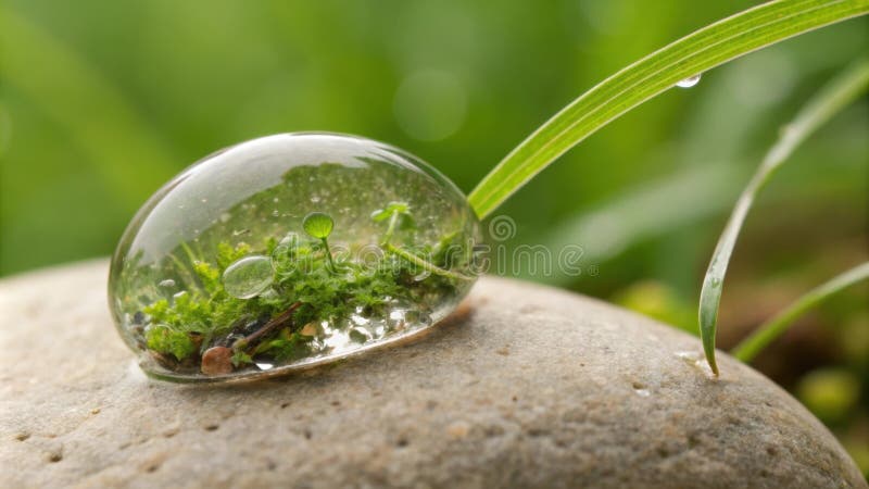 Moss and Small Plants Growing Inside a Transparent Drop on a Rock Stock ...
