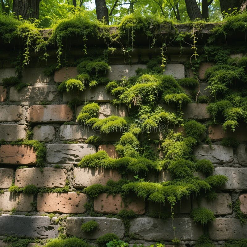 Mossy Brick Wall stock image. Image of woodland, backyard - 358235401