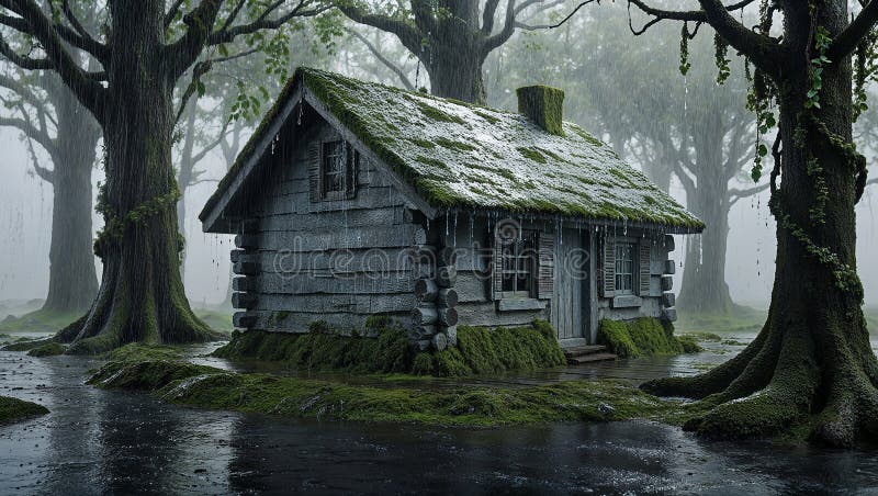 Mossy Cabin Enduring Heavy Rainfall in a Swampy Forest Stock ...