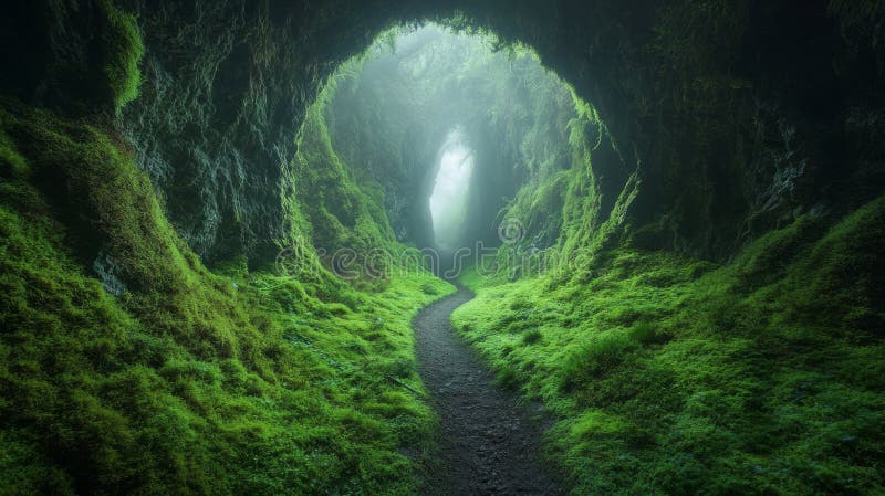 Mossy Cave with Winding Path, Ethereal Light. Adventure and Exploration ...
