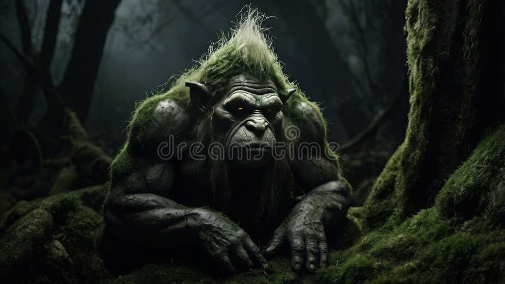 A Mossy Creature Lurks in the Shadows of a Dark Forest Stock ...