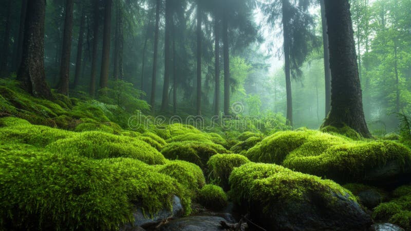 Mossy Forest Floor with Mist and Sunlight Stock Illustration ...