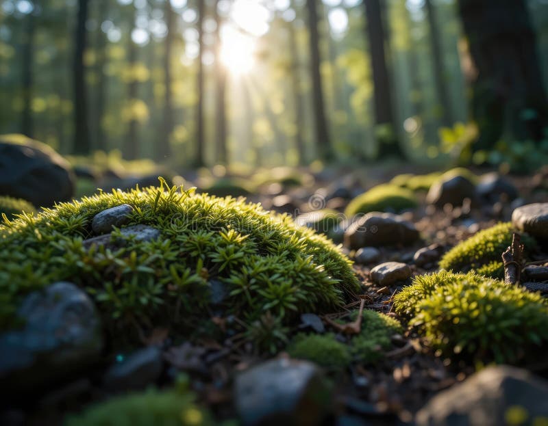 Mossy Forest Floor with Sunlight Streaming through Trees in Background ...