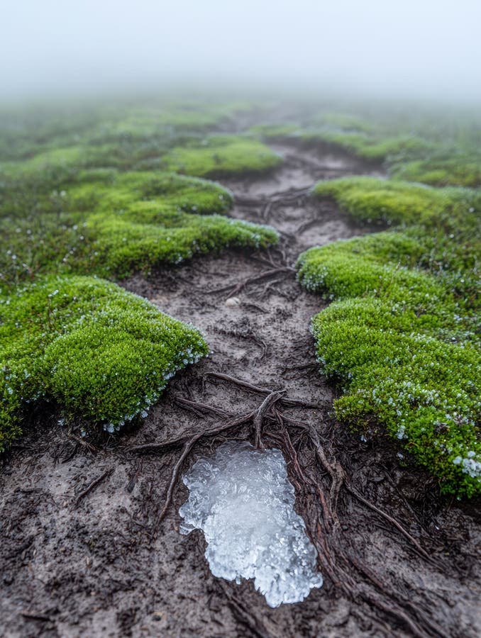 Mossy Forest Path with Ice Crystals Stock Illustration - Illustration ...