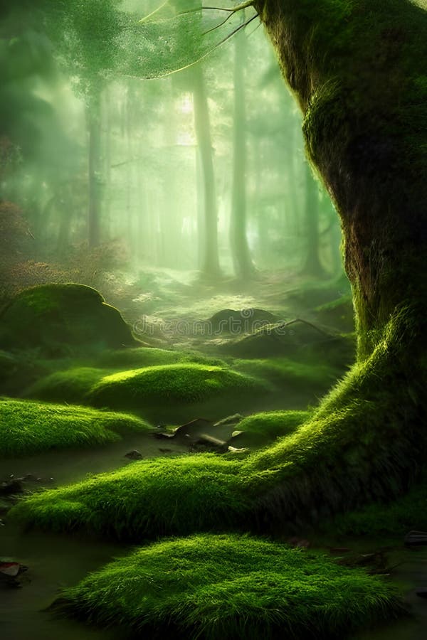 Mossy Forest Path Volumetric Light Stock Illustration - Illustration of ...