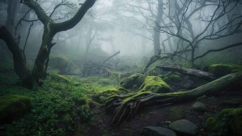 A Mossy Forest with Rocks and Trees in the Fog Stock Illustration ...