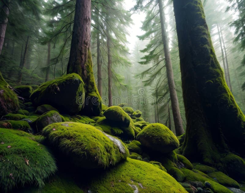 Mossy Forest Scene stock illustration. Illustration of riverbank ...