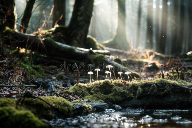 Mossy Forest Scene with Tiny Mushrooms and Sun Rays Stock Illustration ...