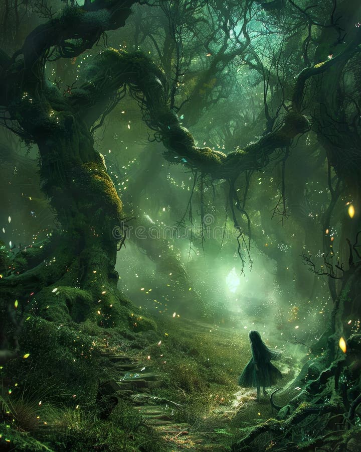 Mossy Forest Trail with Ethereal Silhouette Surrounded by Magical ...